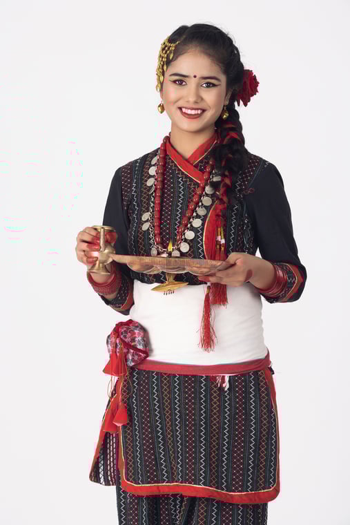 A newari girl holding a puja thali with diyo and karuwa - Photos Nepal