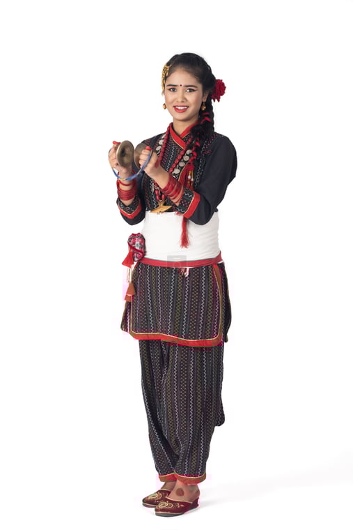 A Newari girl playing musical instruments - Photos Nepal