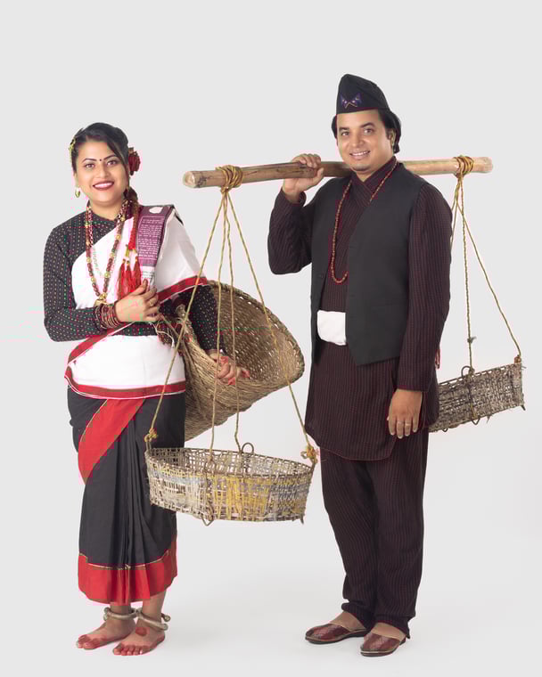Beautiful Newari couple holding a Kharpan and Doko - Photos Nepal