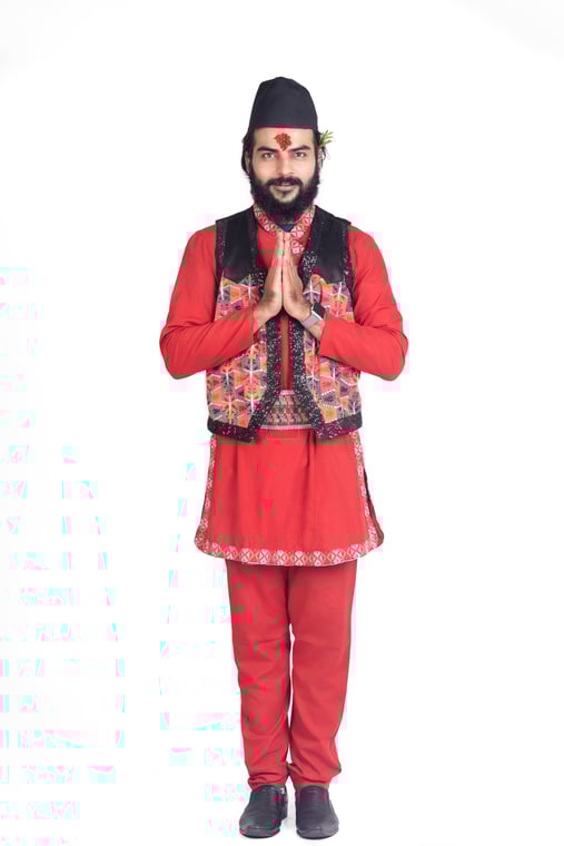 A full frame image of young guy doing Namaste and celebrating Dashain ...