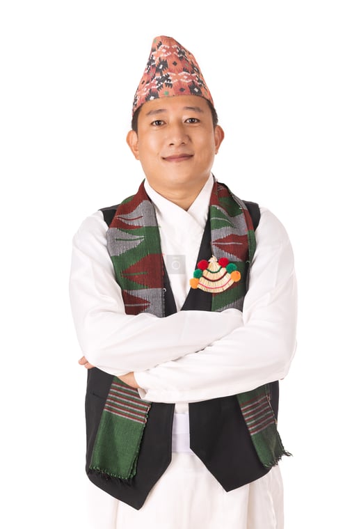 A proud and confident man standing and folding hands while wearing ...