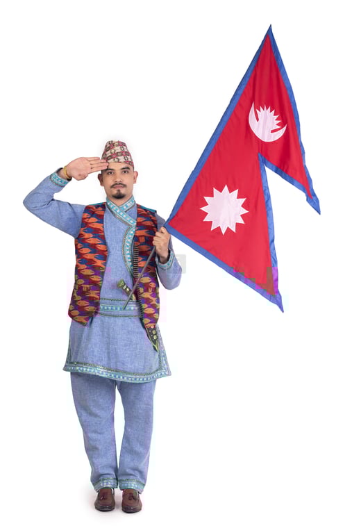 A proud patriotic boy holding National Nepalese flag and saluting ...