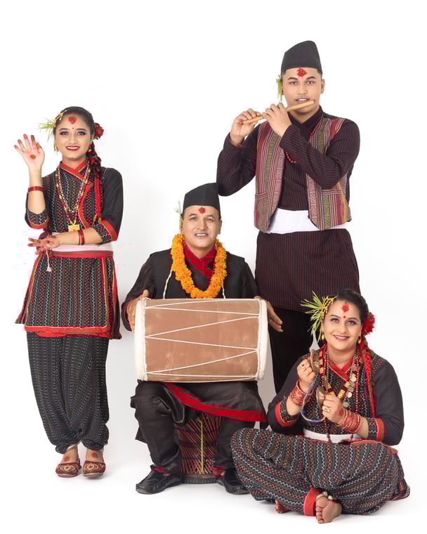A sweet, joyful Newari family dancing and performing with instruments ...