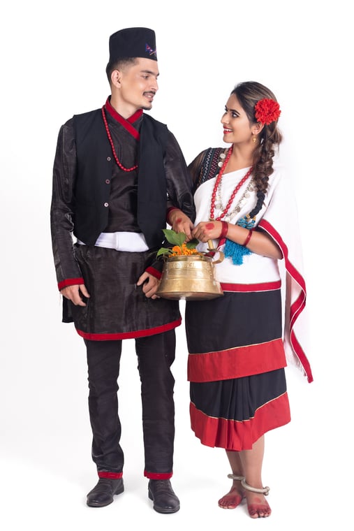 A typical Newari couple holding hands while looking at each other ...