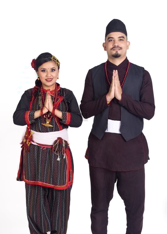 An adorable Newari couple expressing Namaste salutations - Photos Nepal