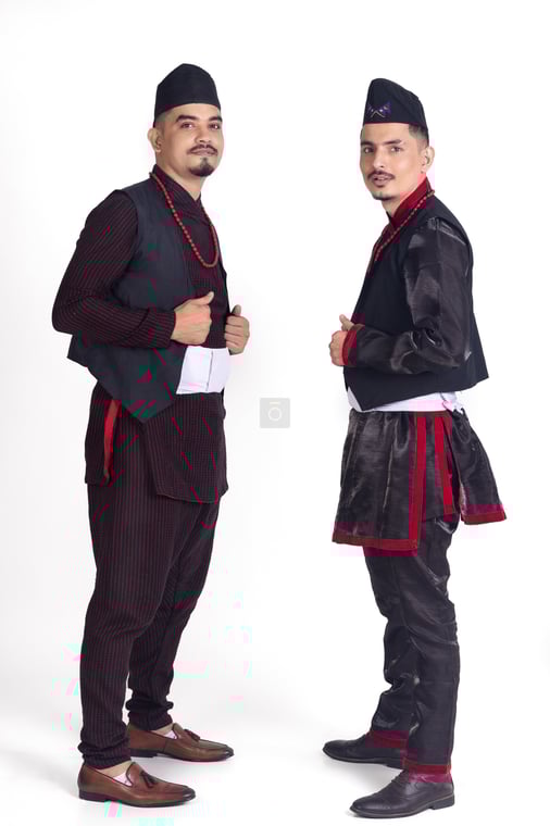 The two tall Newari brothers posing sideways for the camera in a Newari ...