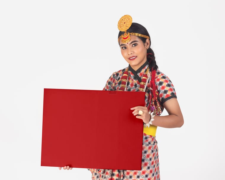 Traditional Limbu Girl Holding a Red Display Board - Photos Nepal