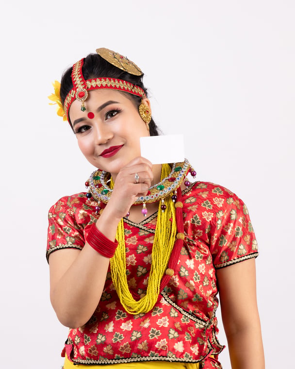 Close-up portrait of young smiling Nepali woman holding credit card ...
