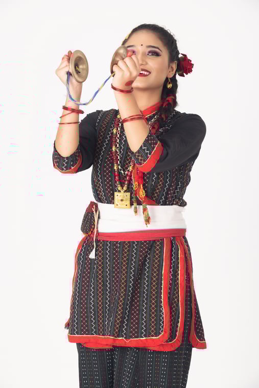 A typical girl in a traditional Newari outfit playing Cymbals or Tah ...