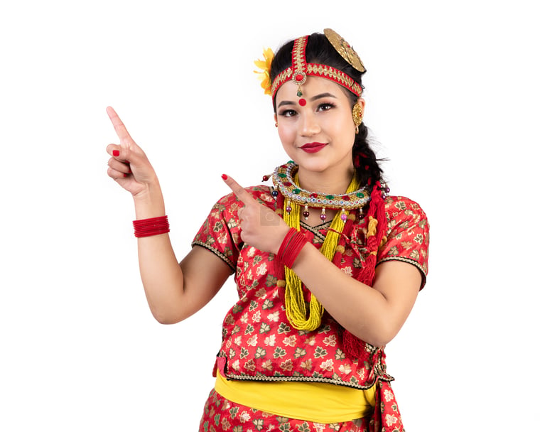 Attractive Smiling Nepali Woman in Nepali Female Dress Pointing to Side ...