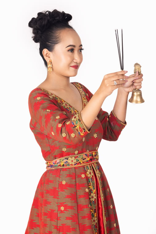Gorgeous Limbu Girl in Red Dress Worshipping during Puja Ceremony ...