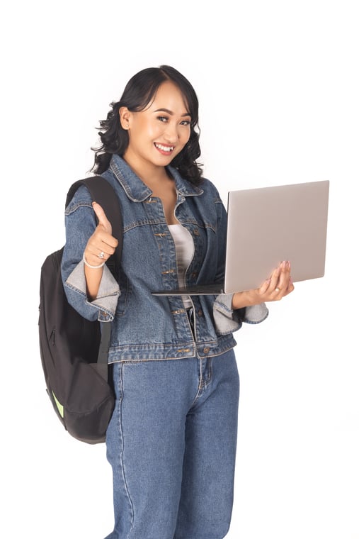 Happy Nepali College Student with Laptop Giving Thumbs Up - Photos Nepal