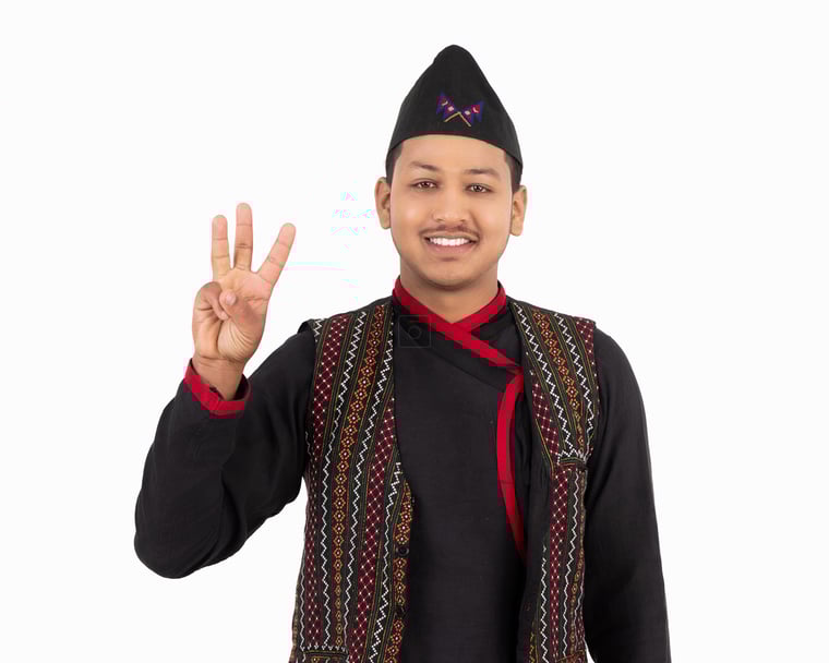 Nepalese Newari Man Showing Number Three - Photos Nepal