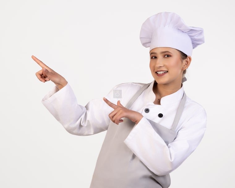 Nepali Chef Pointing Left with Both Index Fingers in White Uniform and ...
