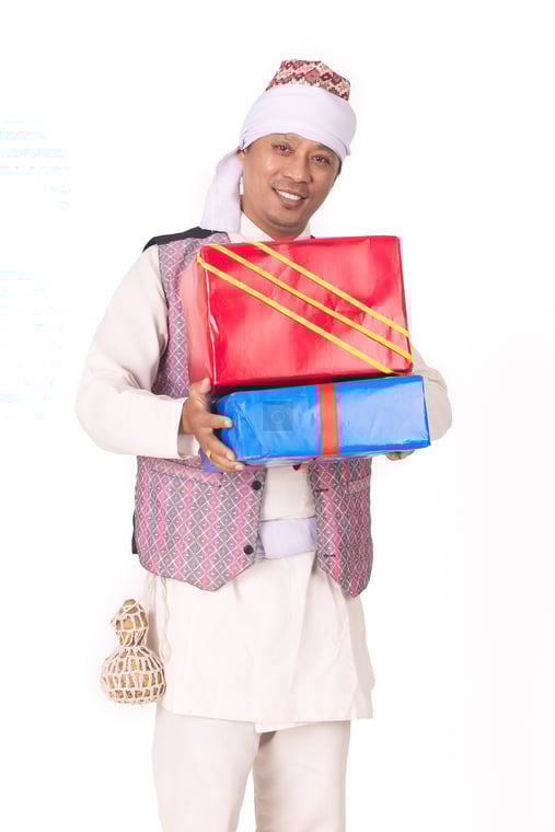 Nepali Rai Man in Traditional Dress Holding Presents with Smile ...