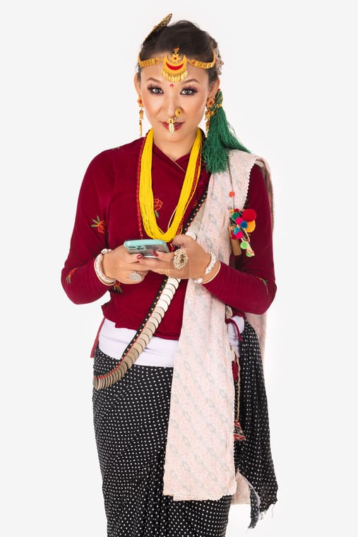 Nepali Stock Photo of Rai Girl Holding Mobile Phone in Traditional Rai ...