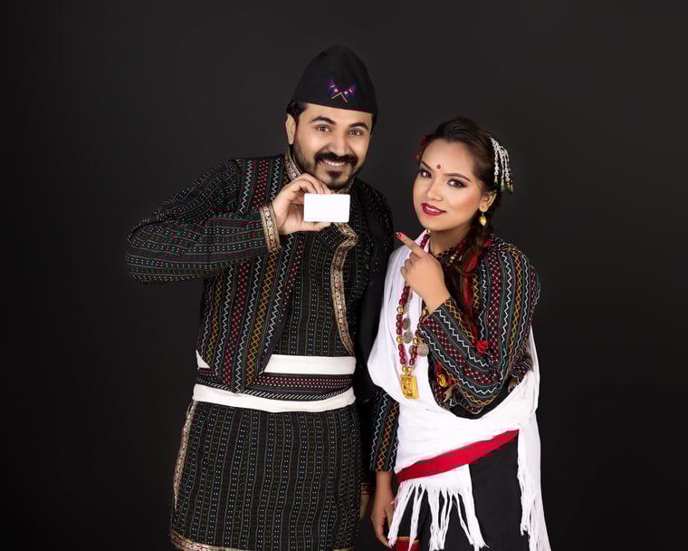 Newari Couple in Traditional Attire Displaying Debit Card: Nepali ...