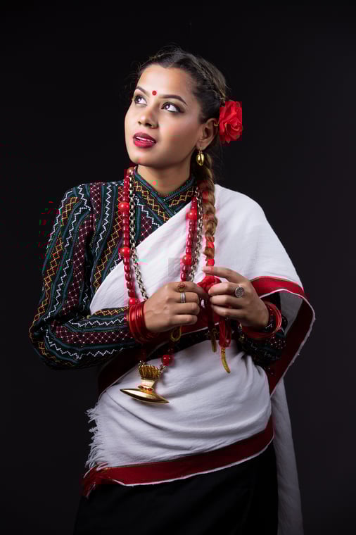 Newari Ethnicity on Display: Girl in Haku Patasi and Tuki - Photos Nepal