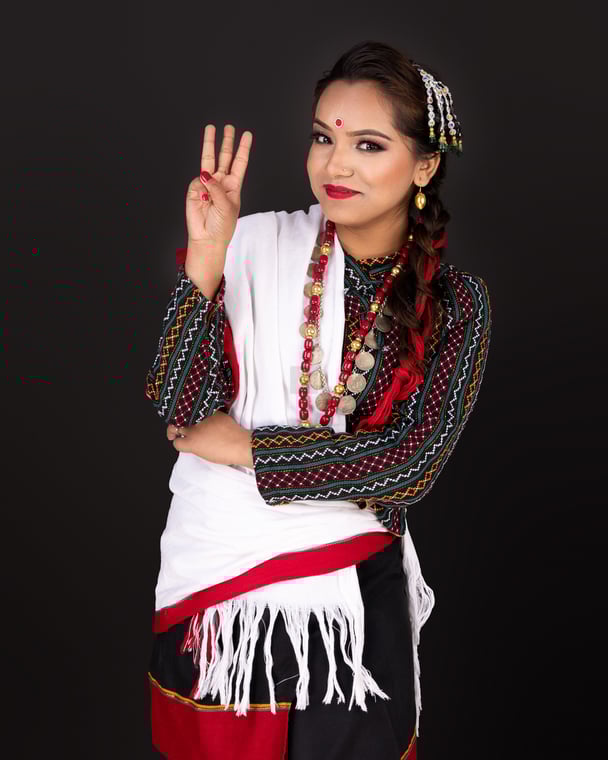 Newari Girl in Haku Patasi showing three number - Photos Nepal