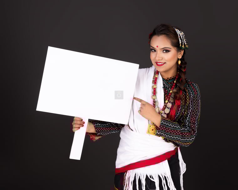Newari Maicha in Haku Patasi Dress Poses with Playcard - Photos Nepal