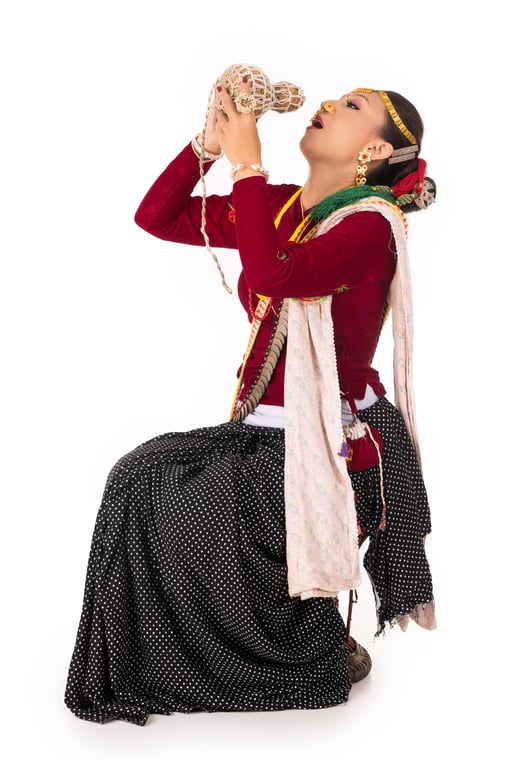 Rai Girl Drinking Water from Traditional Wabu - Nepali Stock Photo ...