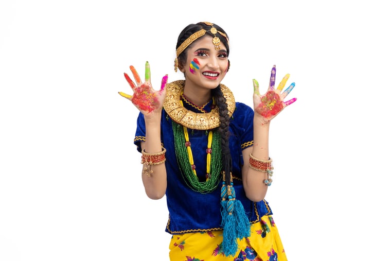 Smiling Nepali Girl Celebrates Holi with Colorful Hands and Face ...