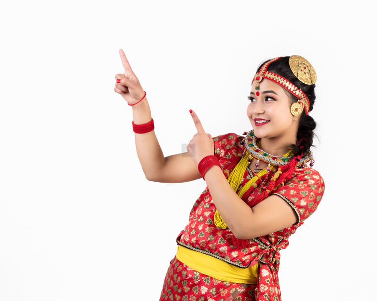 Smiling Nepali Woman Pointing to the Side in Traditional Dress - Photos ...
