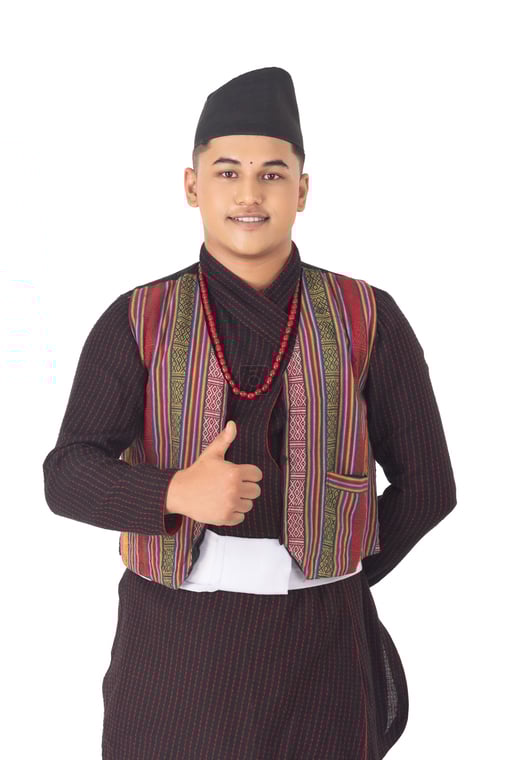 Smiling Newari Man In Traditional Dress Giving Thumbs Up With Positive