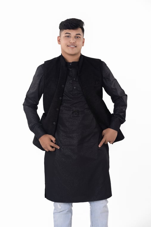 Stylish Pakistani Man in Black Shalwar Kameez and Waistcoat with Jeans ...