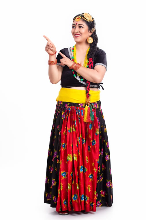 Tamang Girl Pointing to the Left with Both Index Fingers - Photos Nepal