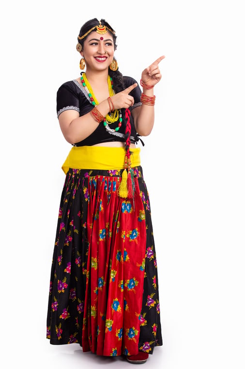 Tamang Girl Pointing to the Right with Both Index Fingers - Photos Nepal