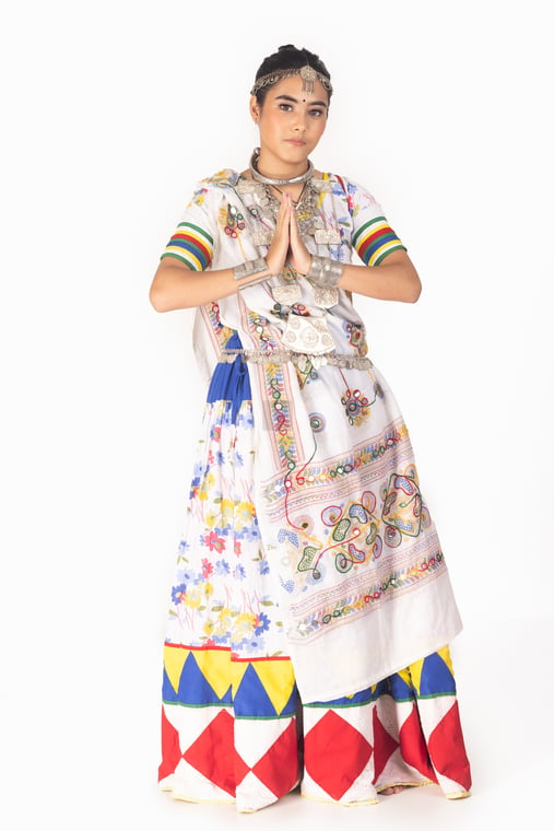 Tharu Chaudhary Girl Wearing Colorful Lehenga Choli with Namaste ...