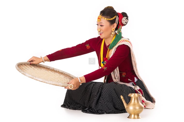 Traditional Nepali Stock Photo: Rai Girl Weaving Rice with Nanglo and ...