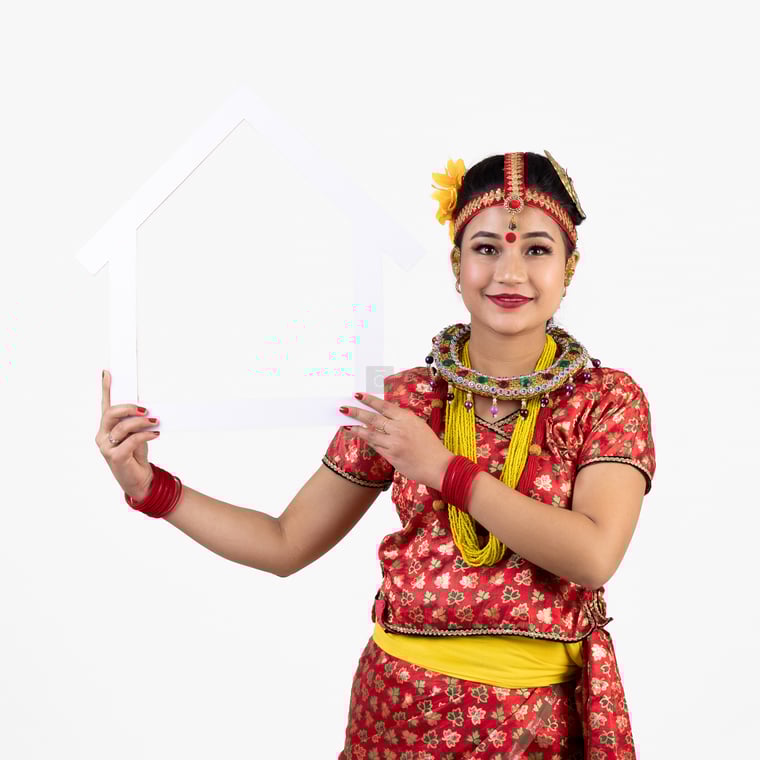 Woman showcasing white house frame for real estate and home loan ...