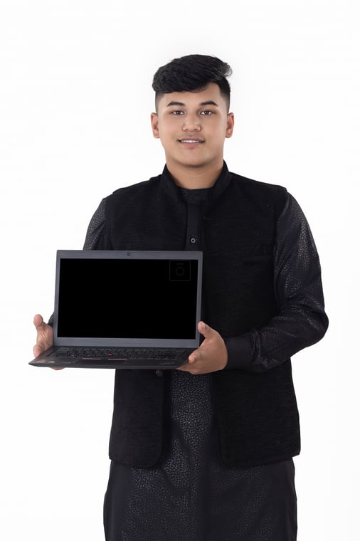 Young Pakistani Man in Shalwar Kameez Showing Laptop Screen with Joyful ...