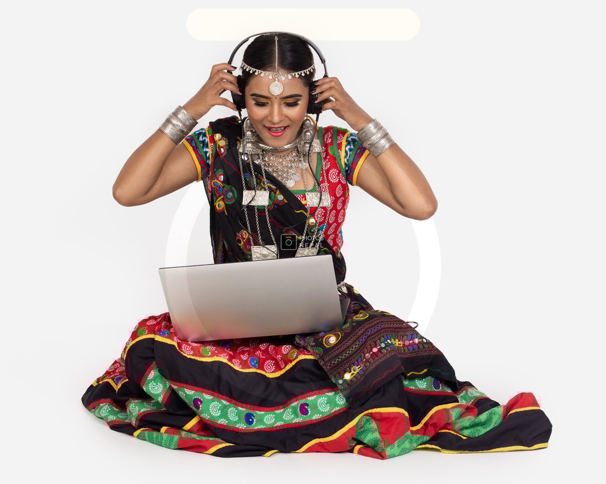 Young Tharu Woman In Traditional Dress With Technology Photos Nepal