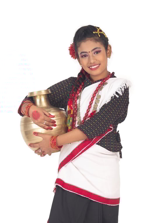 A Newari Girl in Hakupatasi carrying metal Water Pot - Photos Nepal