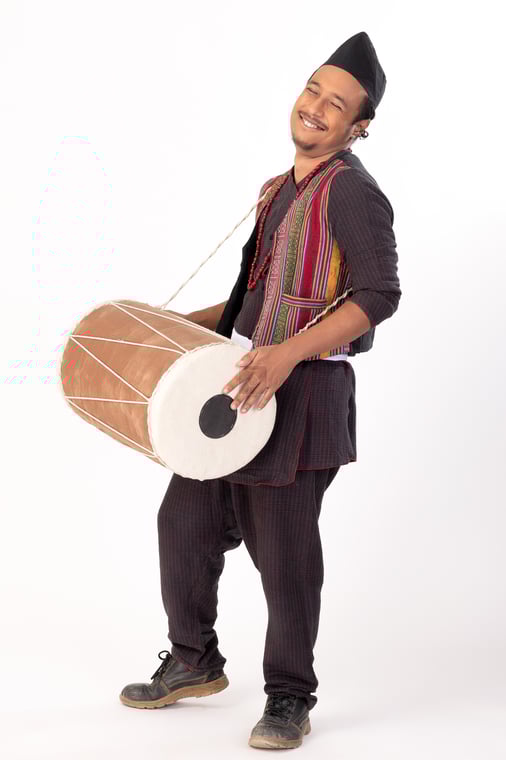 Newari Man Playing Dhol Baja in Newari Dress - Photos Nepal
