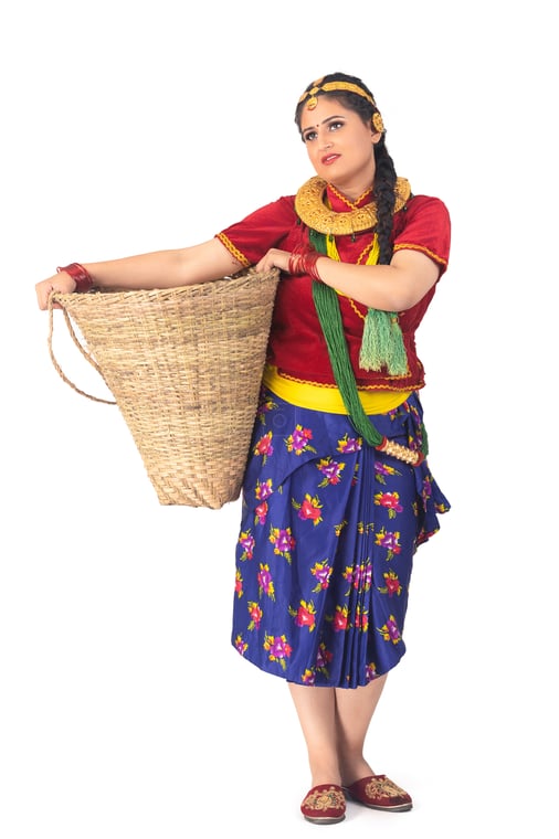 Traditionally dressed Nepali woman carrying a Doko - Photos Nepal