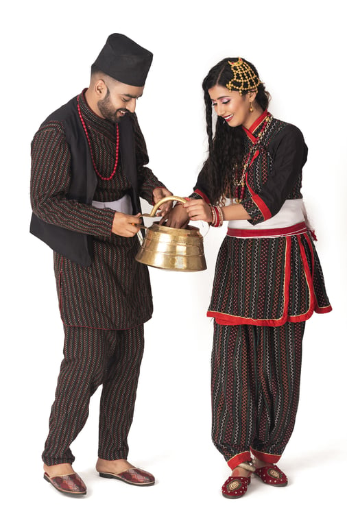 A beautiful Newari couple holding a waterpot - Photos Nepal