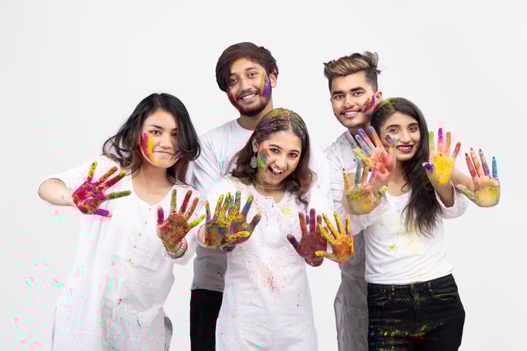 Holi Festival Joy: Nepali Group of Five People Smiling with Colorful ...