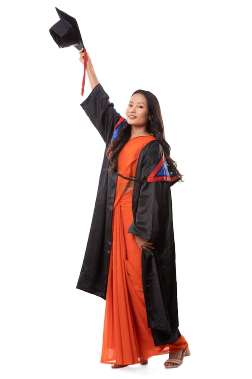 Indian Graduated Woman in Orange Saree and Graduation Gown Holding ...
