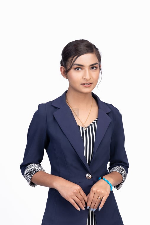 Nepali businesswoman in navy blue suit and striped jumpsuit on white ...