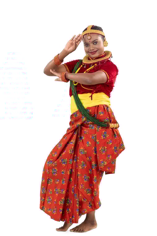 Nepali Girl Dancing with Salute Pose in Cultural Dress - Photos Nepal