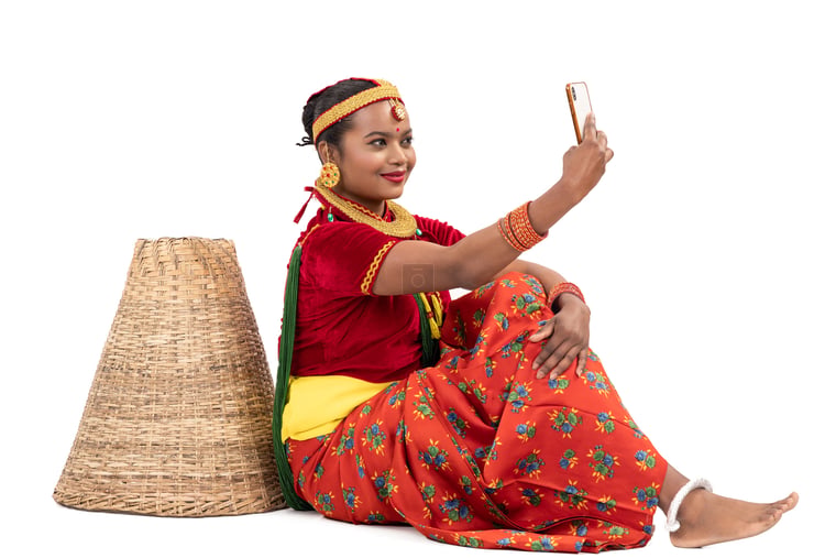 Nepali Girl Taking Selfie with Doko (Bamboo Basket) - Royalty Free ...