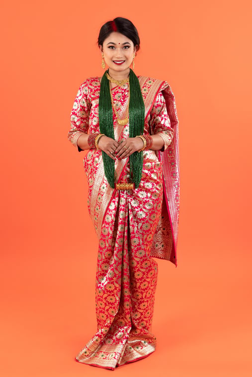 Full length portrait of Nepali Bride in Bridal Saree - Photos Nepal