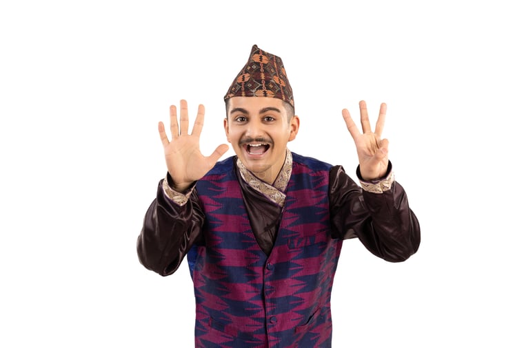 Nepali Man Wearing National Dress of Nepal Showing Number Eight Sign ...