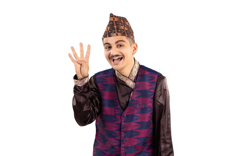 Nepali Man Wearing National Dress of Nepal Showing Number Four Sign ...