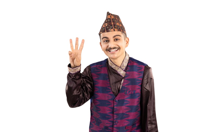 Nepali Man Wearing National Dress of Nepal Showing Number Three Sign ...