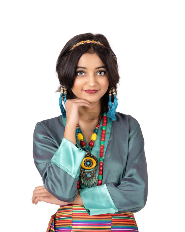 Sherpa Woman in Modern Bakhu Smiling on White Background - Photos Nepal